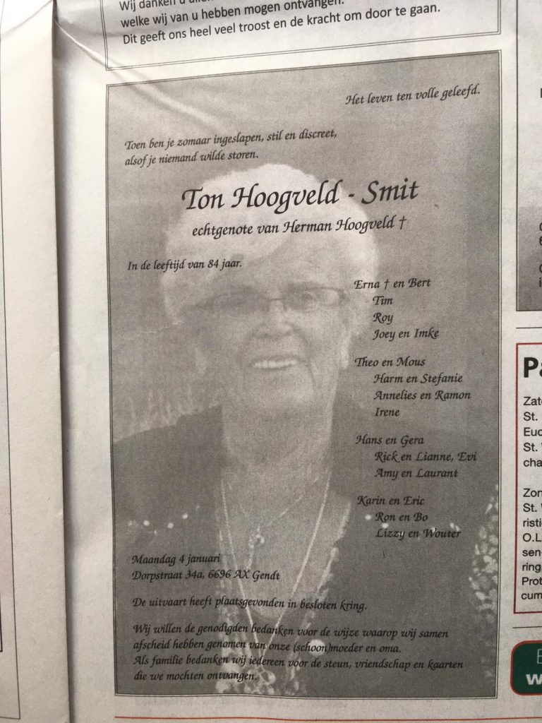 Ton Hoogveld maandag 4 januari op 84 jarige leeftijd overleden - B.C. Gendt